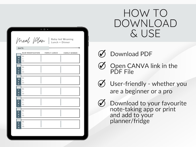 Baby-led Weaning Meal Planner, Printable Meal Plan Template, Daily Meal ...