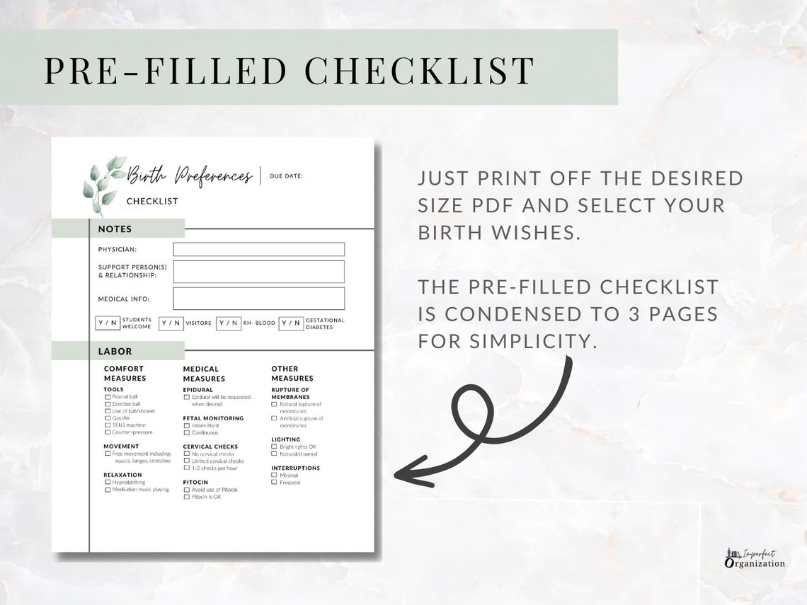 Birth Plan Template GREENERY Themed PRINTABLE Birth Preferences ...