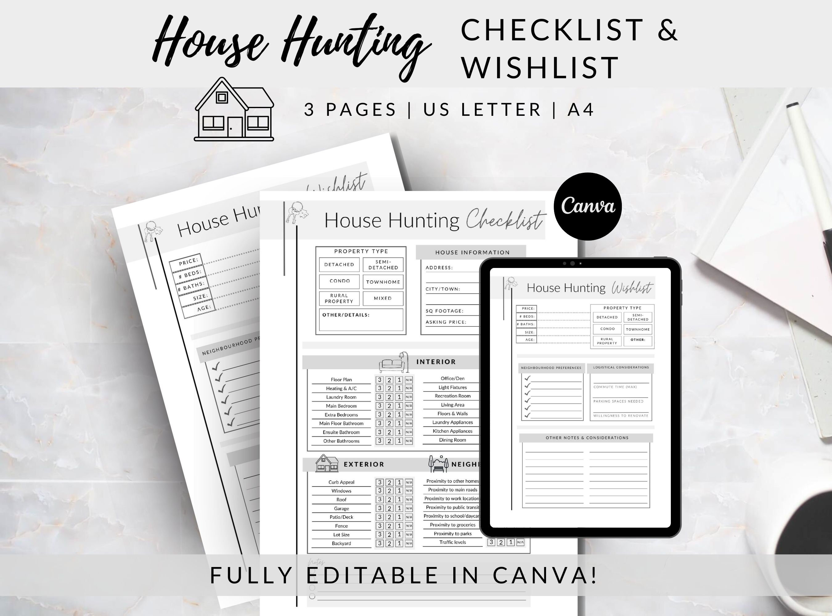 House Hunting Checklist: Printable Home Buyer Wishlist (CANVA Template ...