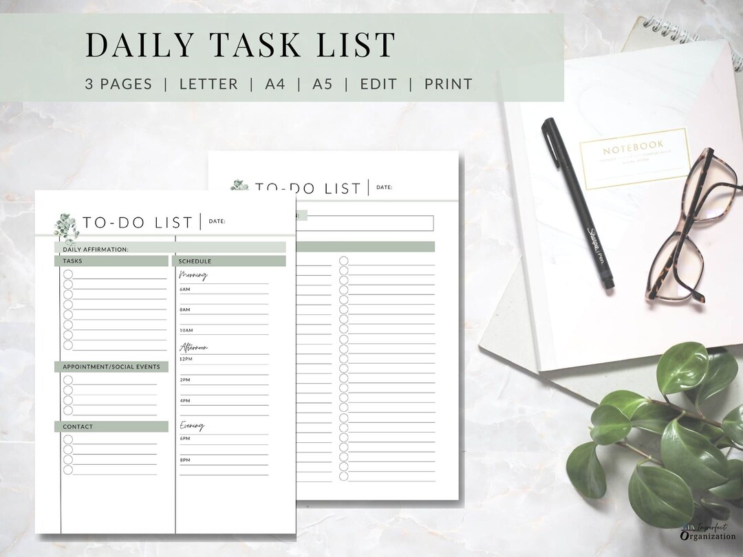 Greenery Daily Task Planner: Editable To-do List (letter, A4, A5 ...