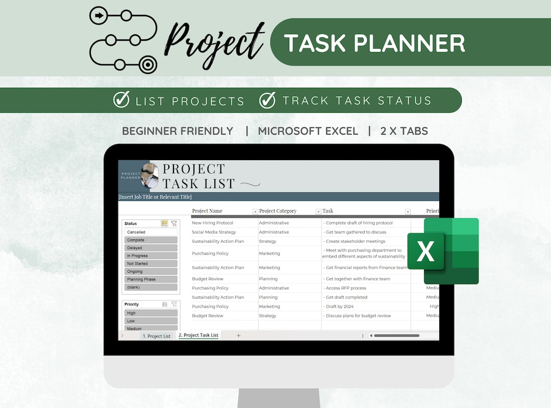 Project Task Planner, Excel Task Tracker, Project Management, Simple ...