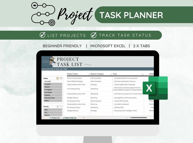 Project Task Planner, Excel Task Tracker, Project Management, Simple Project Planner, Project To ...