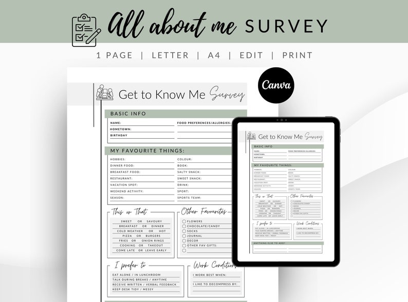 All About Me Survey: Team Building CANVA Template (printable PDF) - Etsy