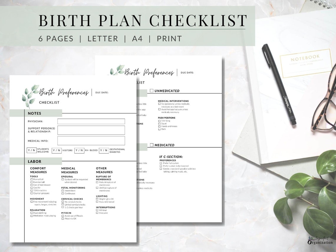 Birth Plan Template GREENERY Themed PRINTABLE Birth Preferences ...
