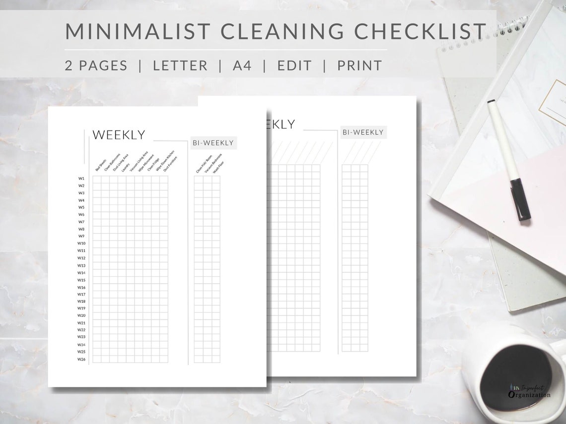 Minimalist Cleaning Checklist | Weekly, Bi-weekly Schedule (printable ...
