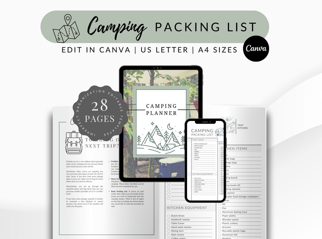 Camping Packing List: Editable Planner & Checklist (PDF, Canva) - Etsy