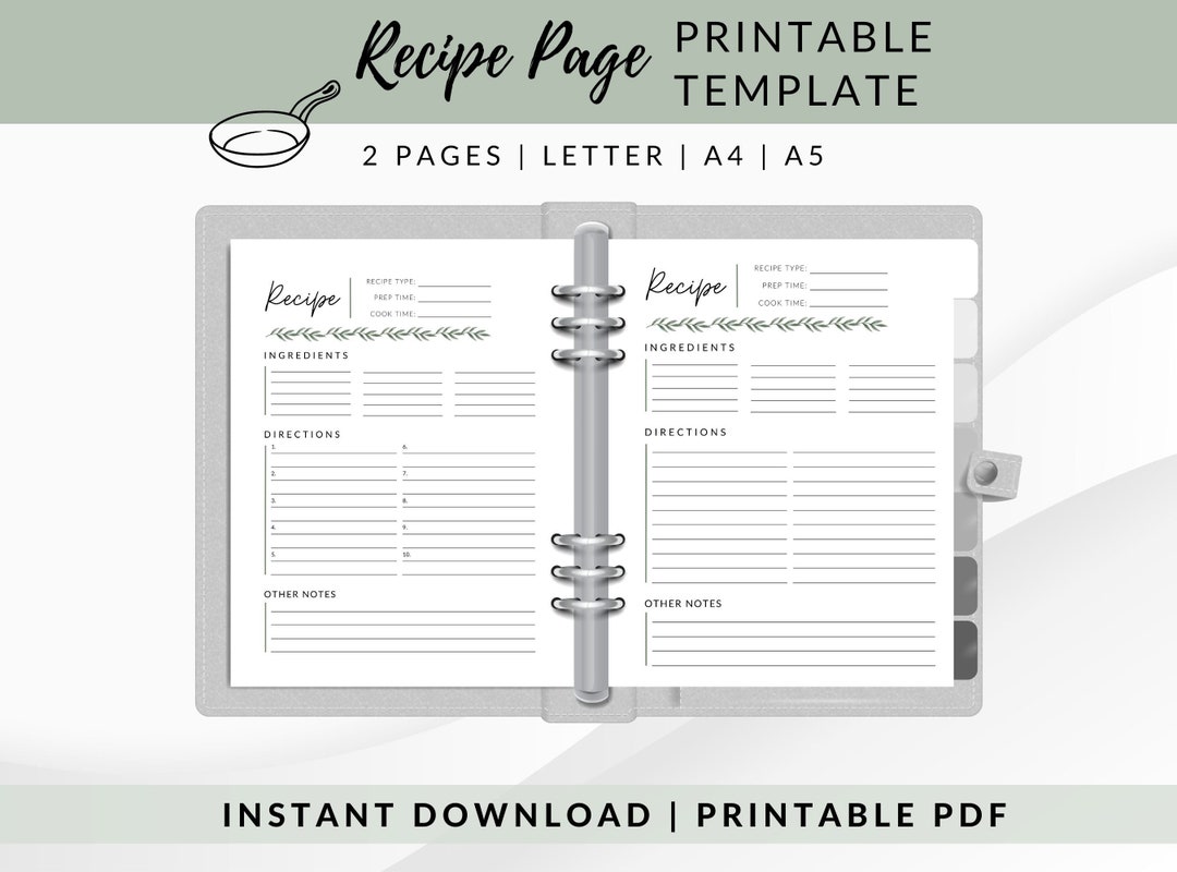 Printable Recipe Page Template, Recipe Page Binder, Recipe Card ...