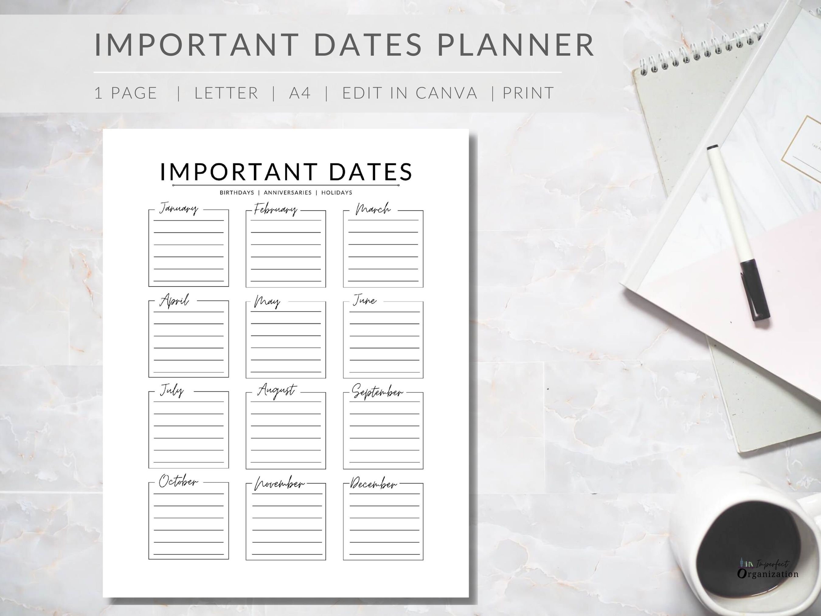 Important Dates Planner: Editable Printable Template (A4, Letter) - Etsy