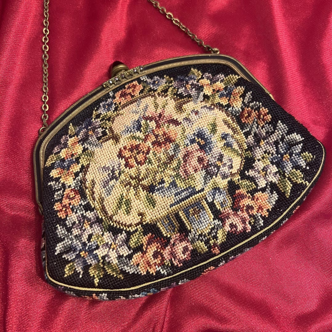 1930s Austrian Petit-point Black Floral Embroidered Mini Evening Bag ...