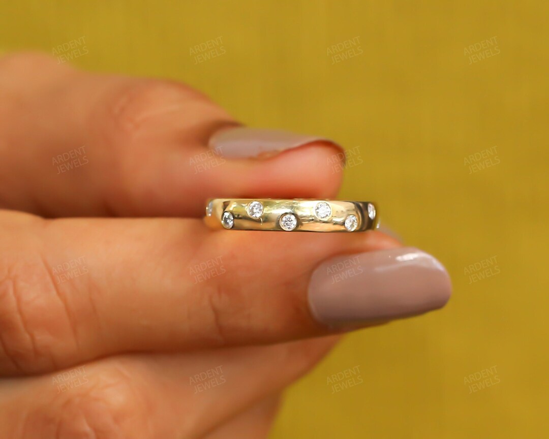 Flush Set Band Dainty Diamond Stackable Band Round Moissanite Band ...