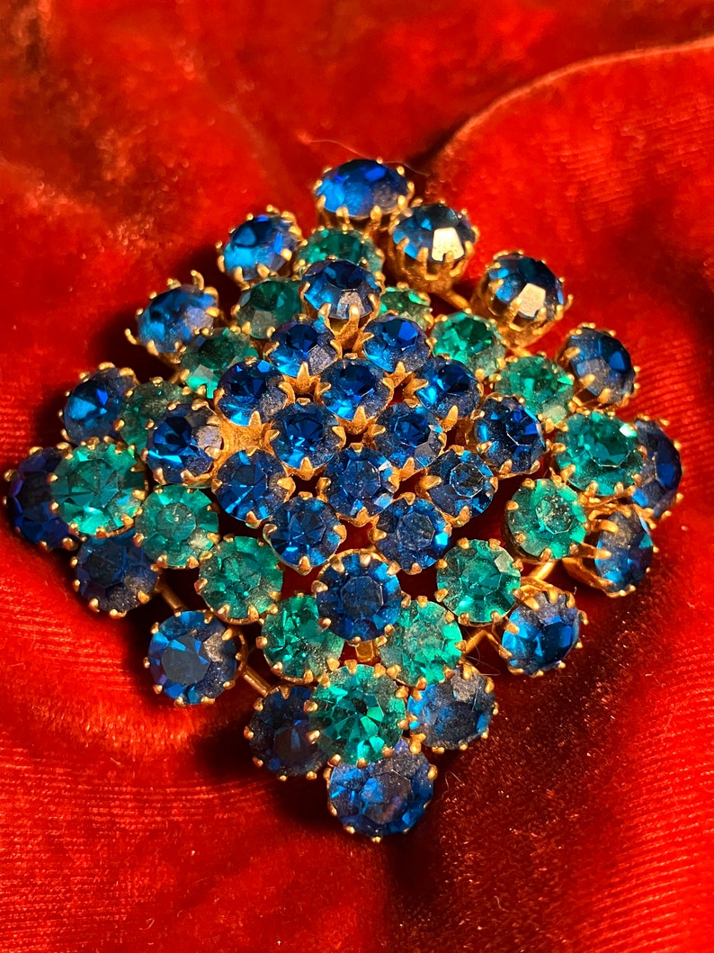 Beautiful Dimensional Austrian Brooch, Square With Blue & Aqua, Circa ...