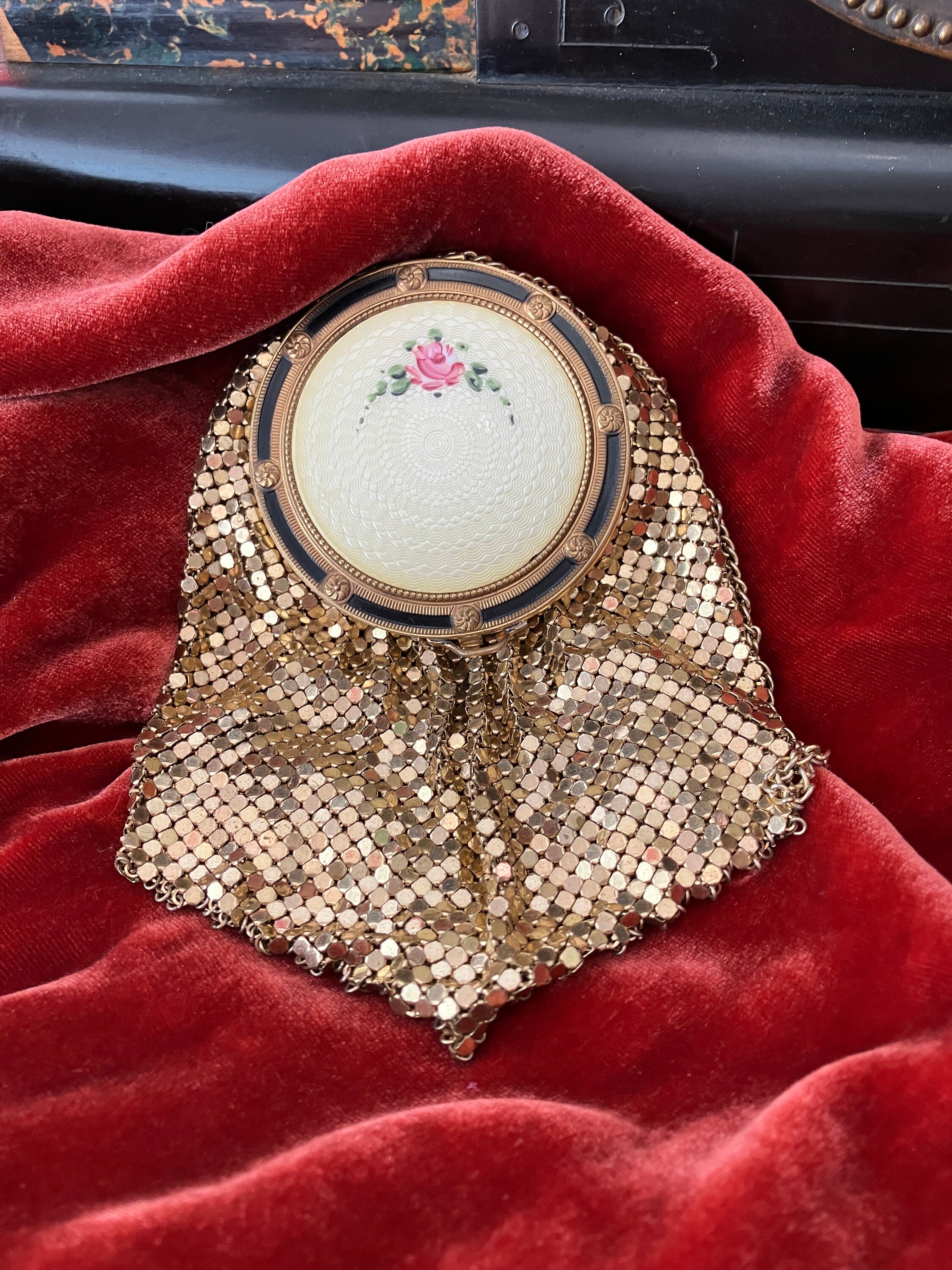 Deco Era Evans Gold Mesh Dance Purse Guilloche Enamel Compact - Etsy