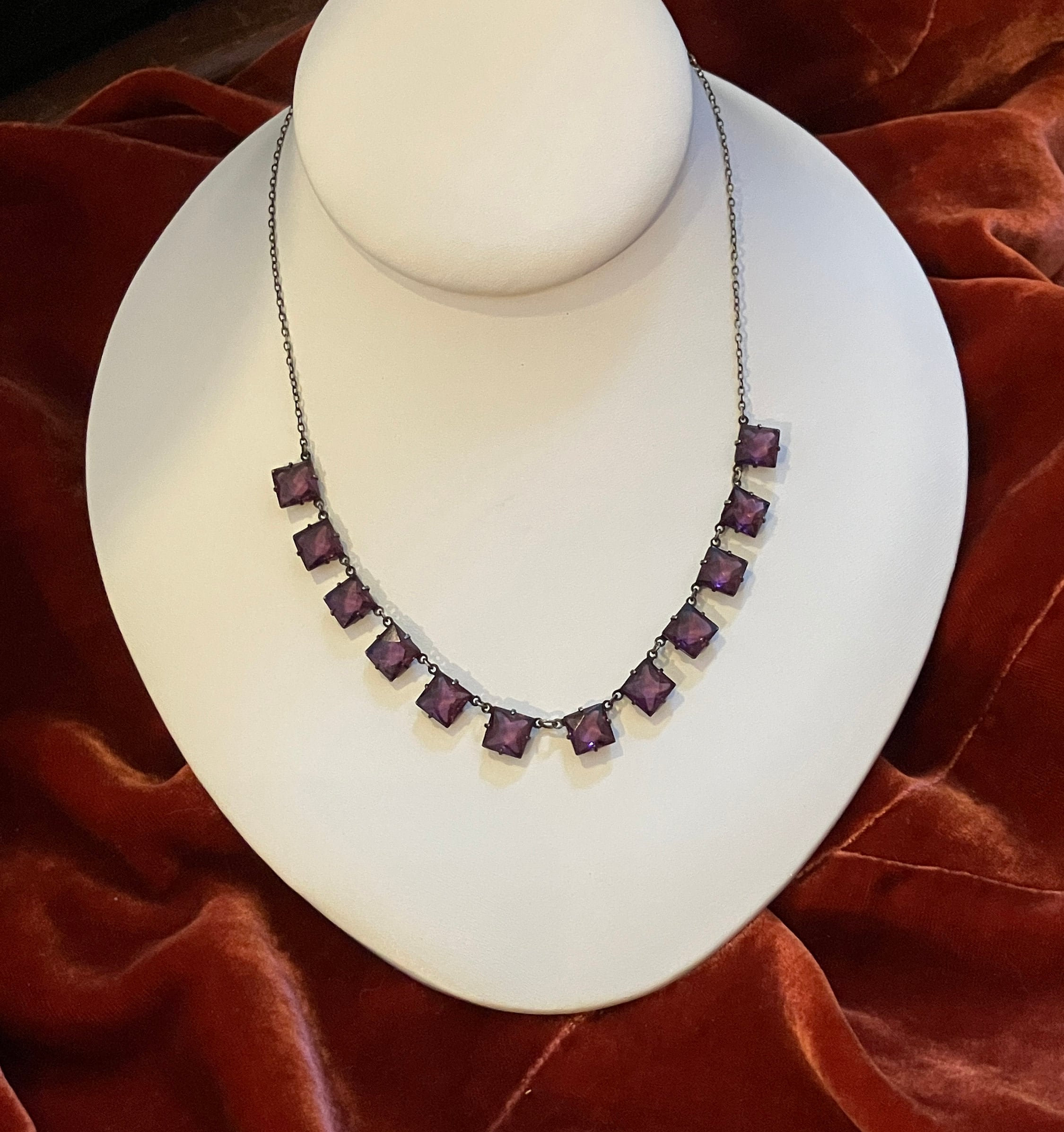 1920's Art Deco Chicklet Necklace, Sterling Settings With Amethyst ...