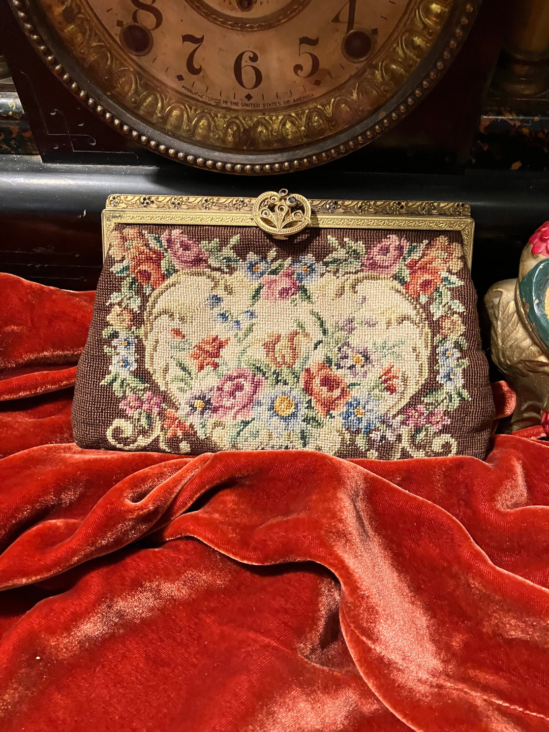 1930's Petit Point Clutch With Brass Hinge & Clasp, Flat Strap on Back ...