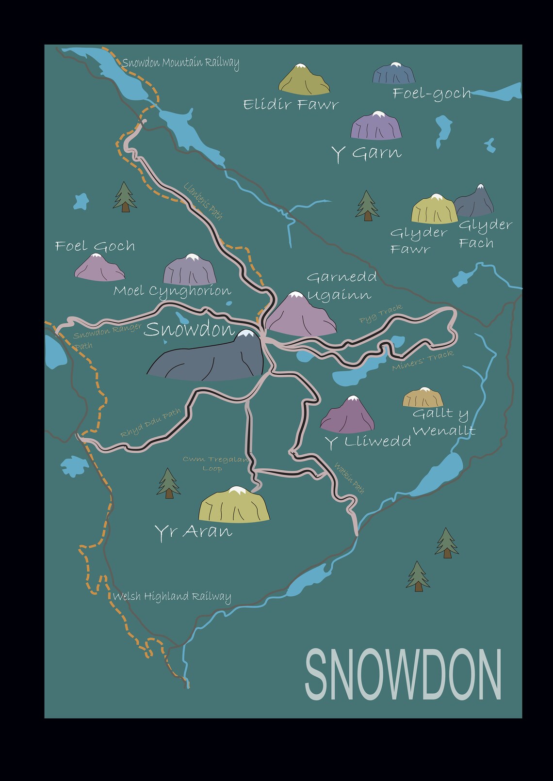 Snowdon Walking Trail Map Print, Art Print, Original Limited Edition ...