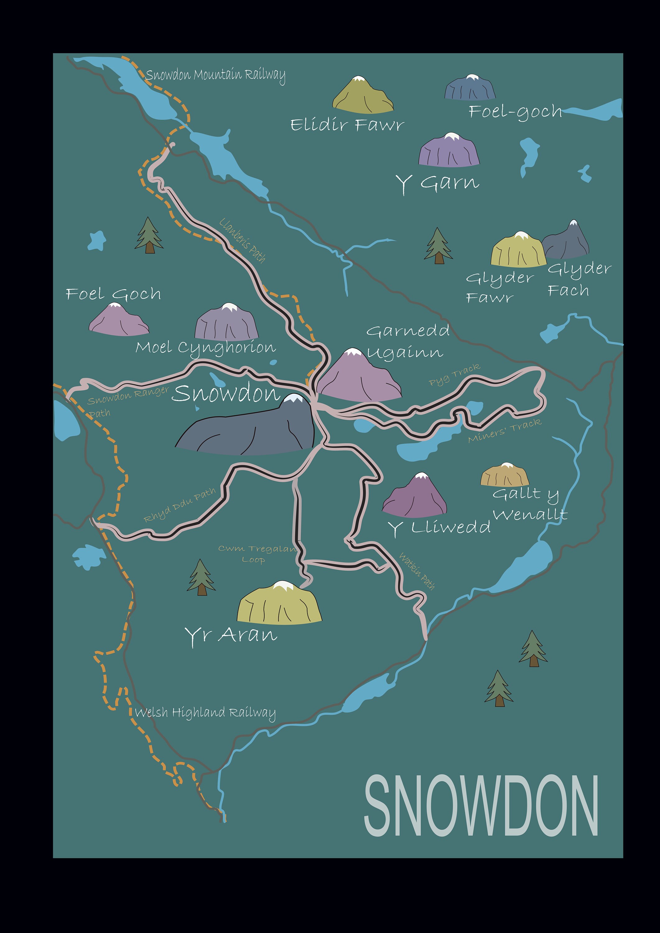 Snowdon Walking Trail Map Print, Art Print, Original Limited Edition ...