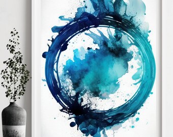 Abstract Watercolor Circle Art Print Blue Wall Art Indigo Navy Wall Art ...