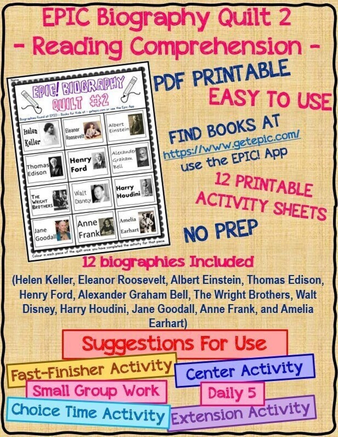 EPIC Biography Quilt 2 - Reading Comprehension PDF Worksheets - Etsy