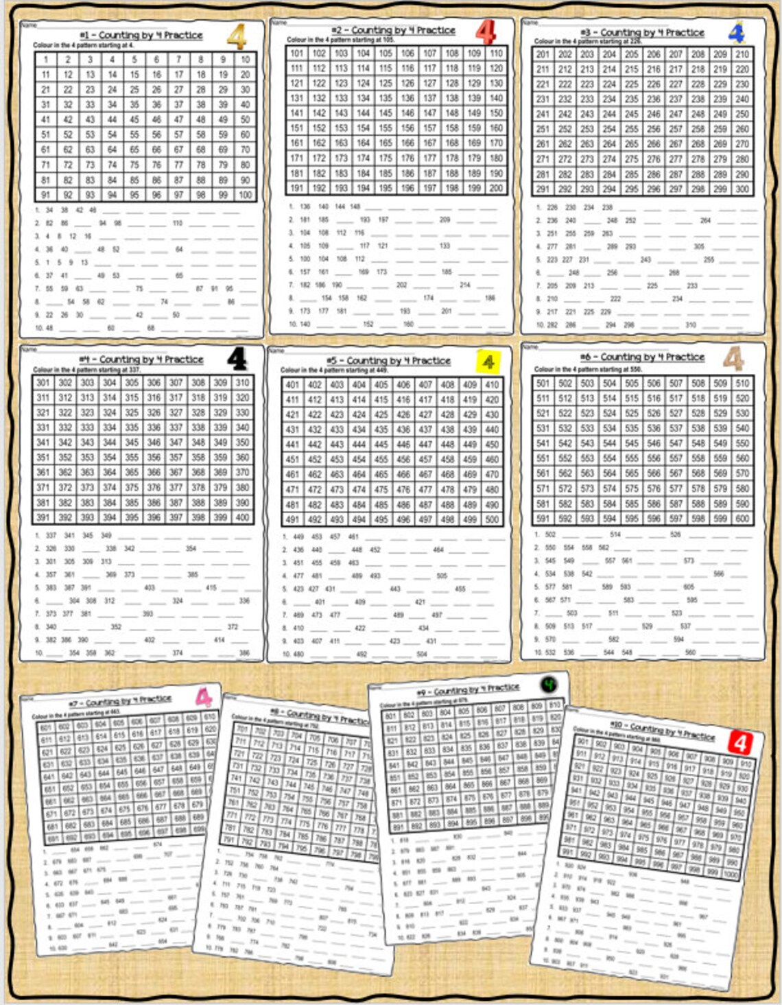 Math - Skip Counting to 1000 by 4 Worksheets - Set 4 - Etsy