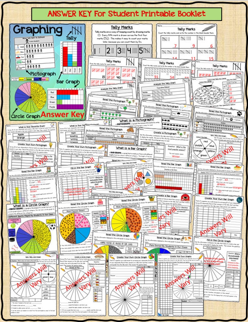 Math Graphing Tally, Pictograph, Bar and Circle Graph Printables Grade ...