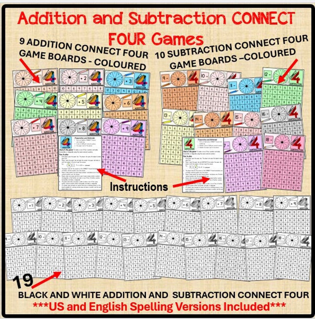 Addition and Subtraction Within 20 CONNECT FOUR Math Games - Etsy
