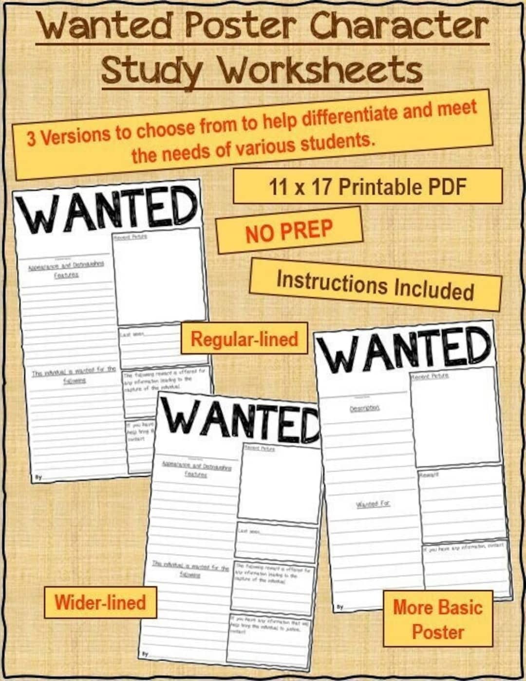Wanted Poster Character Study Worksheet - Printable PDF - Etsy Canada