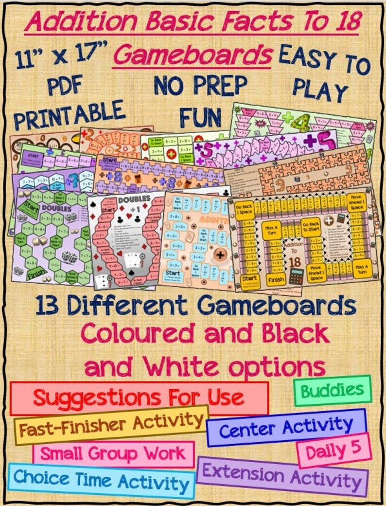 Addition Basic Facts Gameboards - Etsy