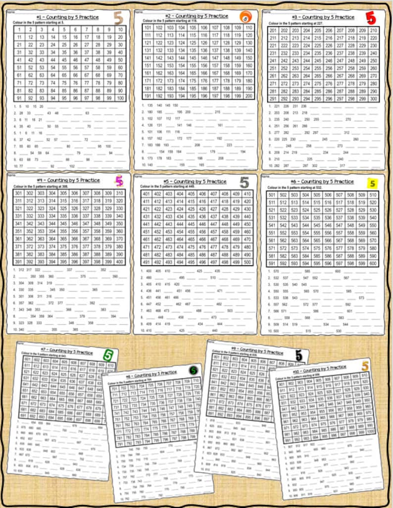Math - Skip Counting to 1000 by 5 Worksheets - Set 5 Printable PDF - Etsy
