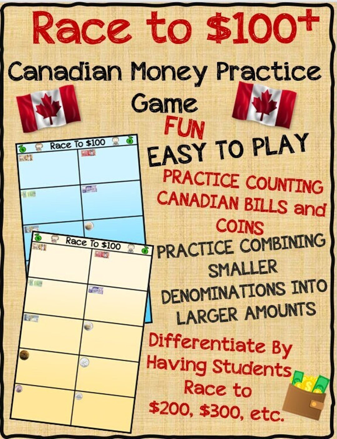 Math - Canadian Money Practice Game - Race to 100 Dollars - Printable ...