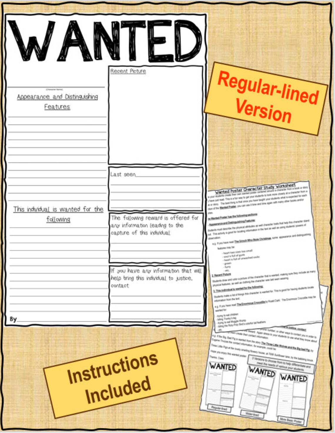 Wanted Poster Character Study Worksheet - Printable PDF - Etsy Canada