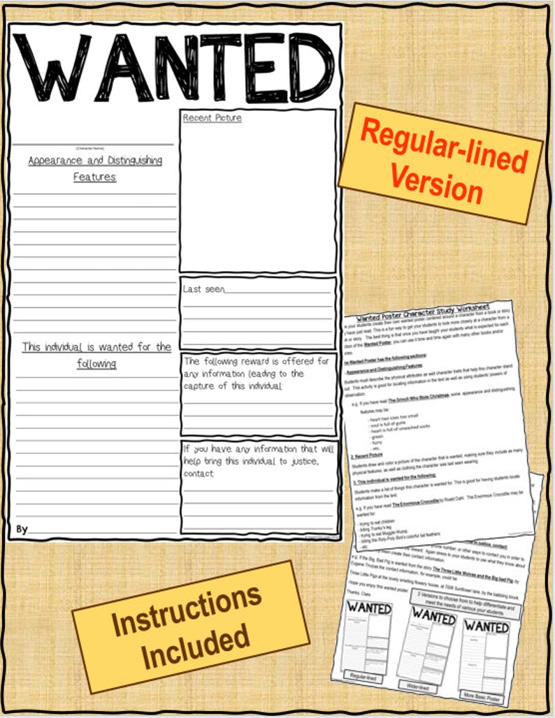 Wanted Poster Character Study Worksheet - Printable PDF - Etsy Canada