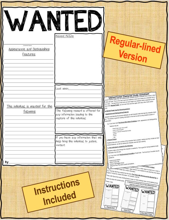 Wanted Poster Character Study Worksheet - Printable PDF - Etsy Canada