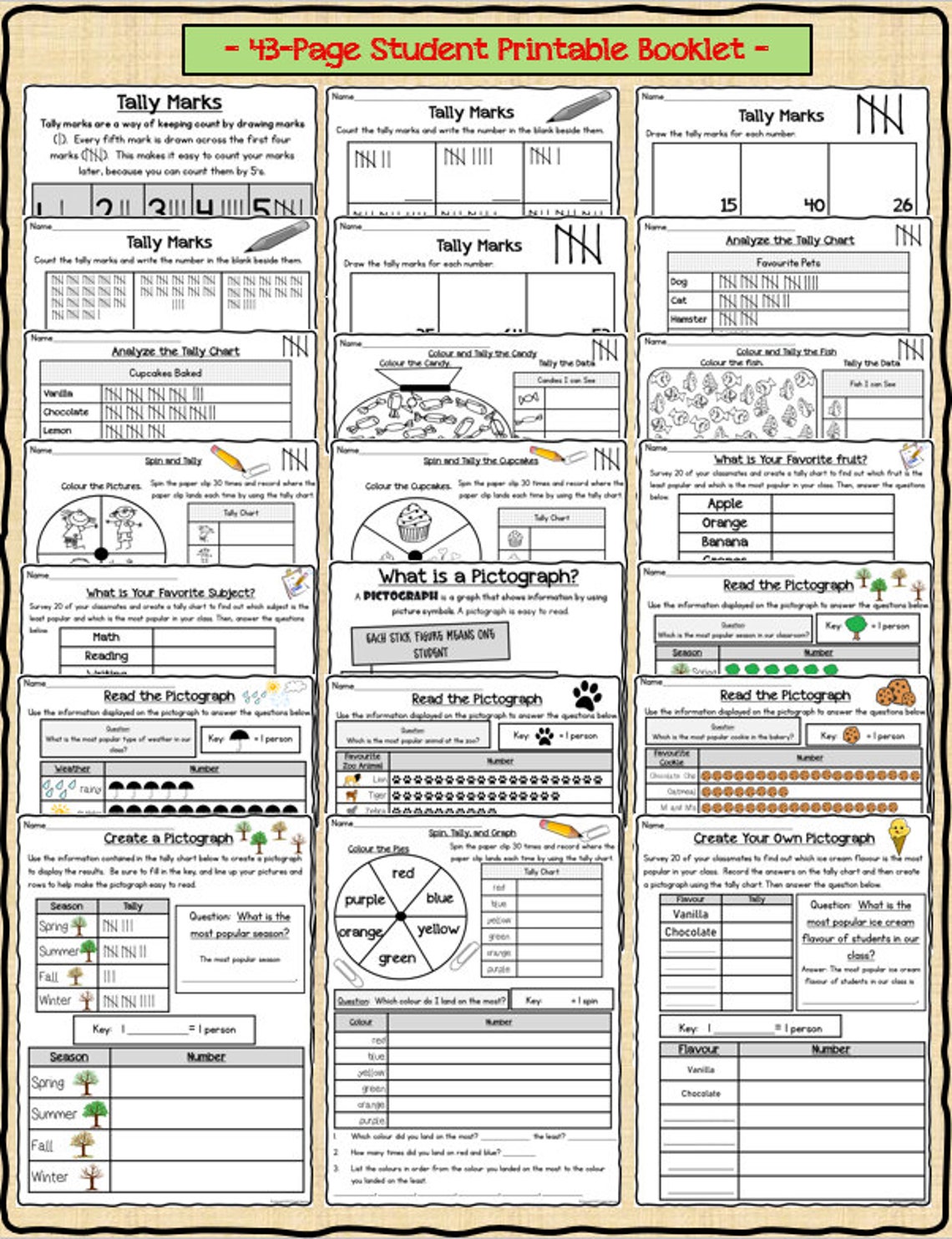 Math - Graphing - Tally, Pictograph, Bar and Circle Graph Printables ...