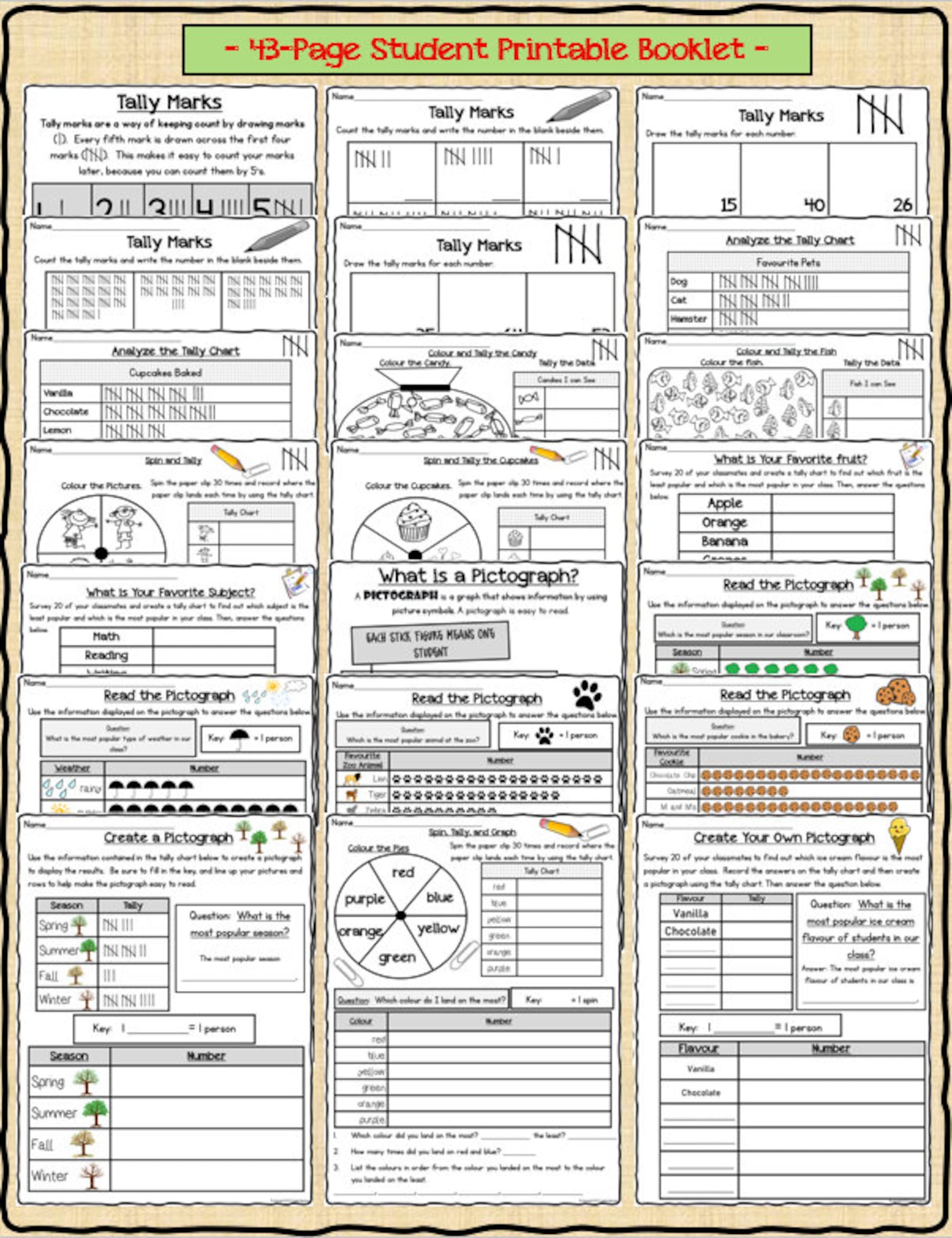 Math - Graphing - Tally, Pictograph, Bar and Circle Graph Printables ...