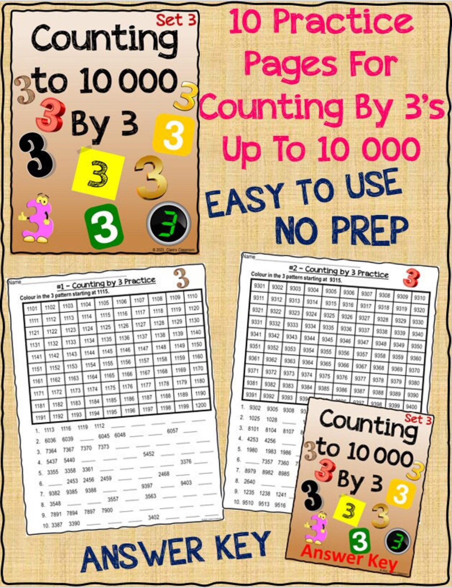 Math - Skip Counting to 10 000 by 3 - Set 3 - Digital PDF - Etsy