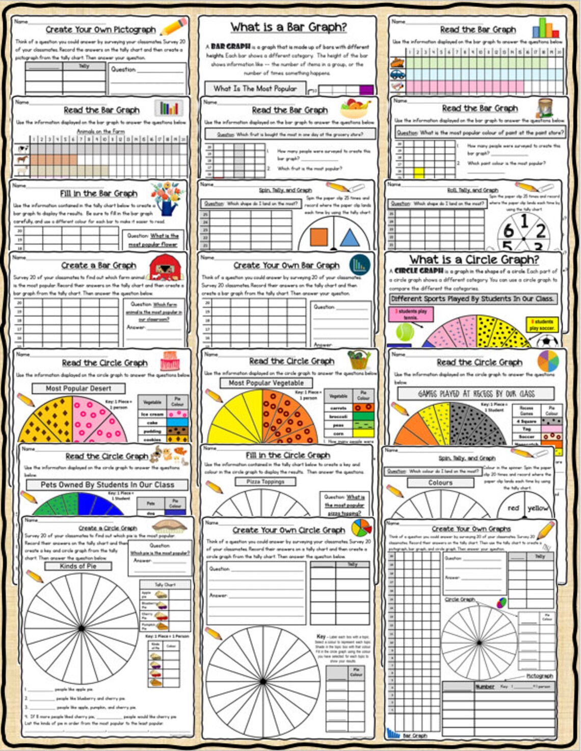 Math - Graphing - Tally, Pictograph, Bar and Circle Graph Printables ...
