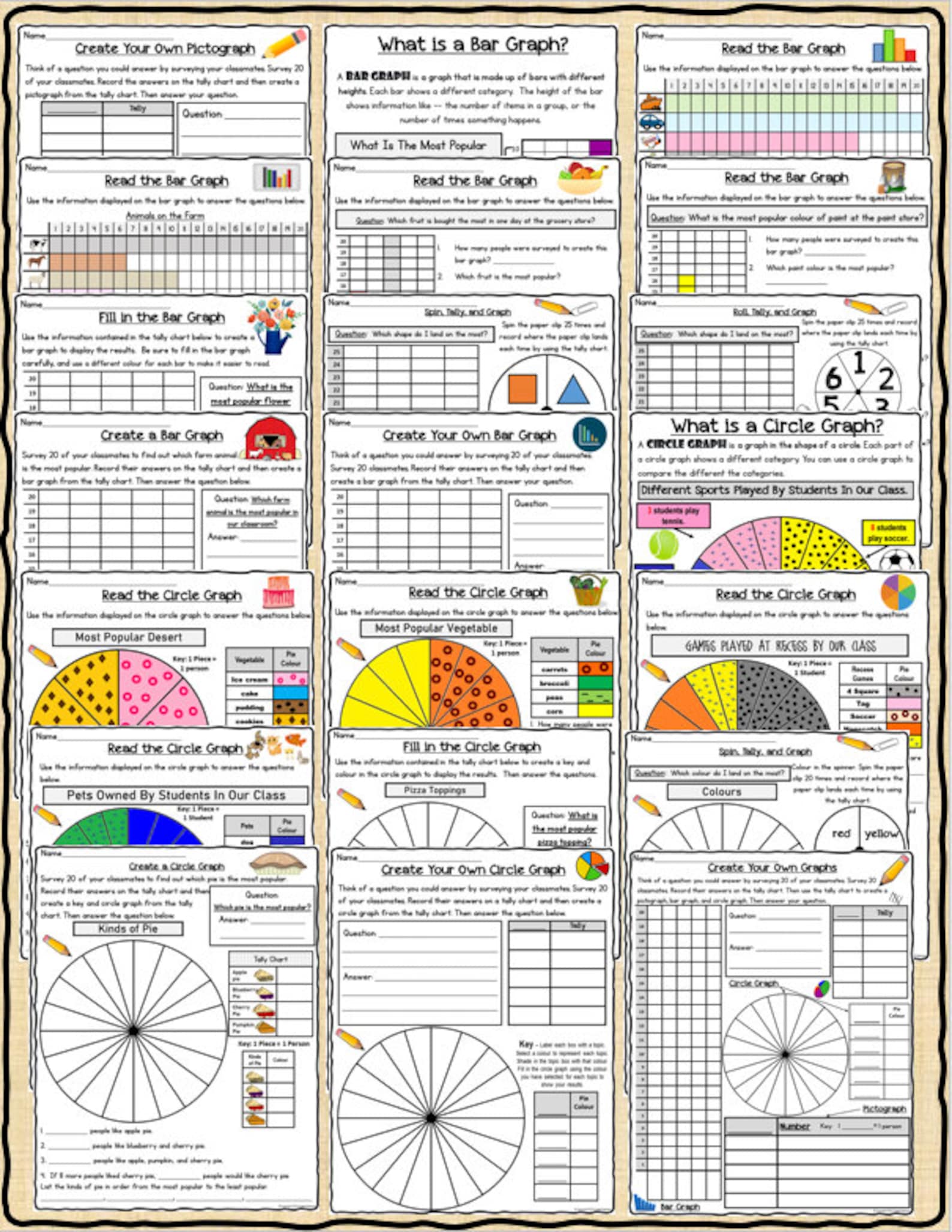 Math - Graphing - Tally, Pictograph, Bar and Circle Graph Printables ...