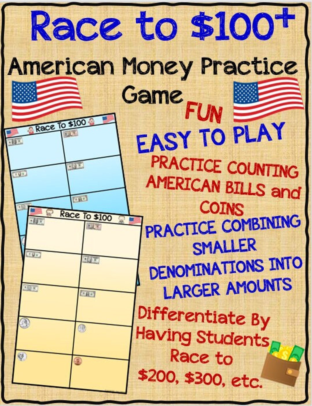 Math - American Money Game - Race to One Hundred Dollars - Etsy