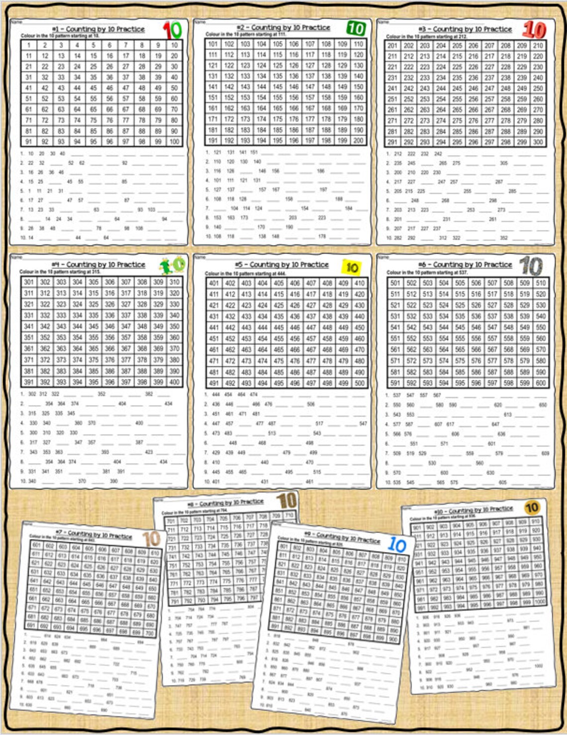 Math - Skip Counting to 1000 by 10 Worksheets - Set 6 - Etsy