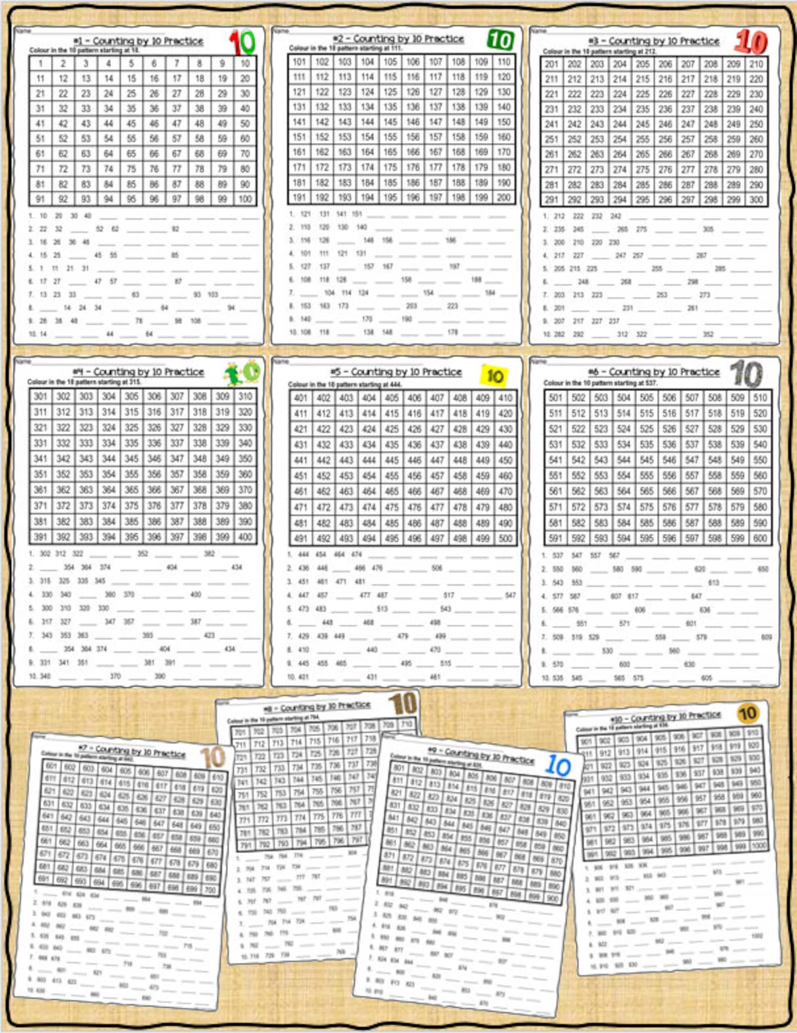 Math - Skip Counting to 1000 by 10 Worksheets - Set 6 - Etsy