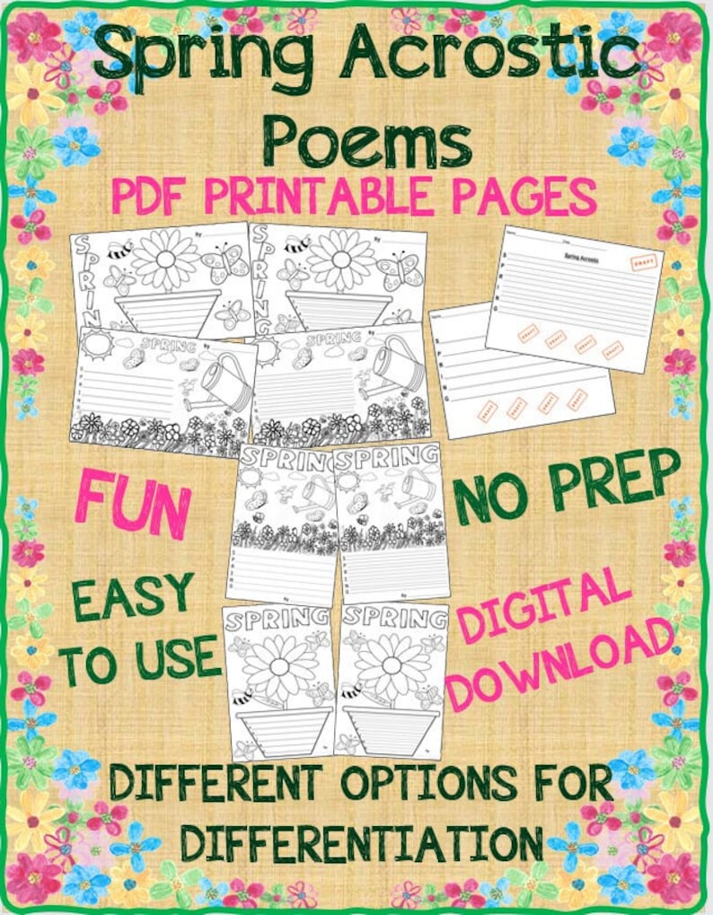 Spring Acrostic Poetry Templates - PDF Printable - Etsy