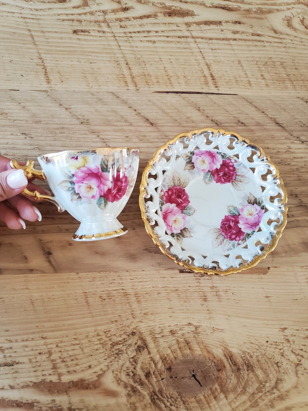 Shafford Tea Cup and Saucer Pink Roses Gold Opalescent Trim Hand ...