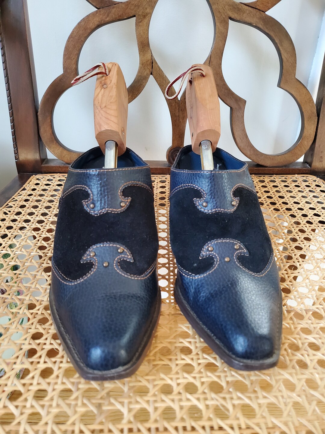 Blue Leather and Suede Western Style Clog Heeled Cowboy Boots Shoes ...