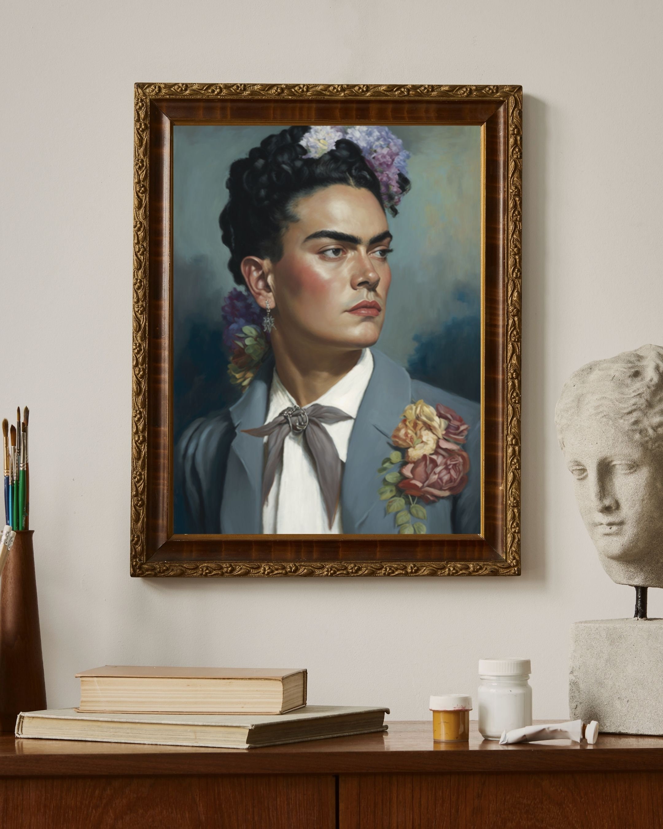 Vintage Tropical Print of Frida Kahlo in a Suit and Surrounded by ...