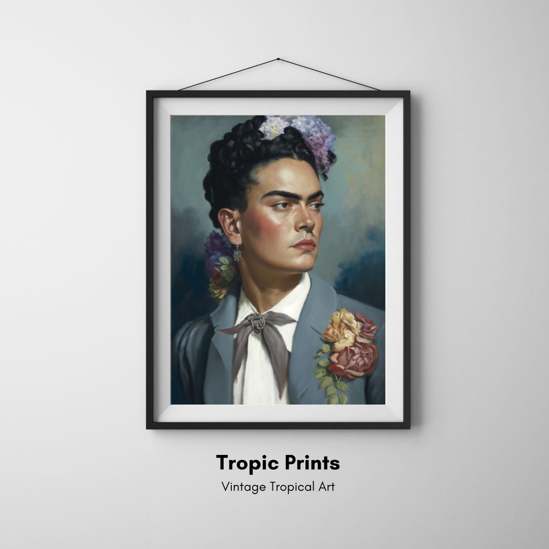 Vintage Tropical Print of Frida Kahlo in a Suit and Surrounded by ...