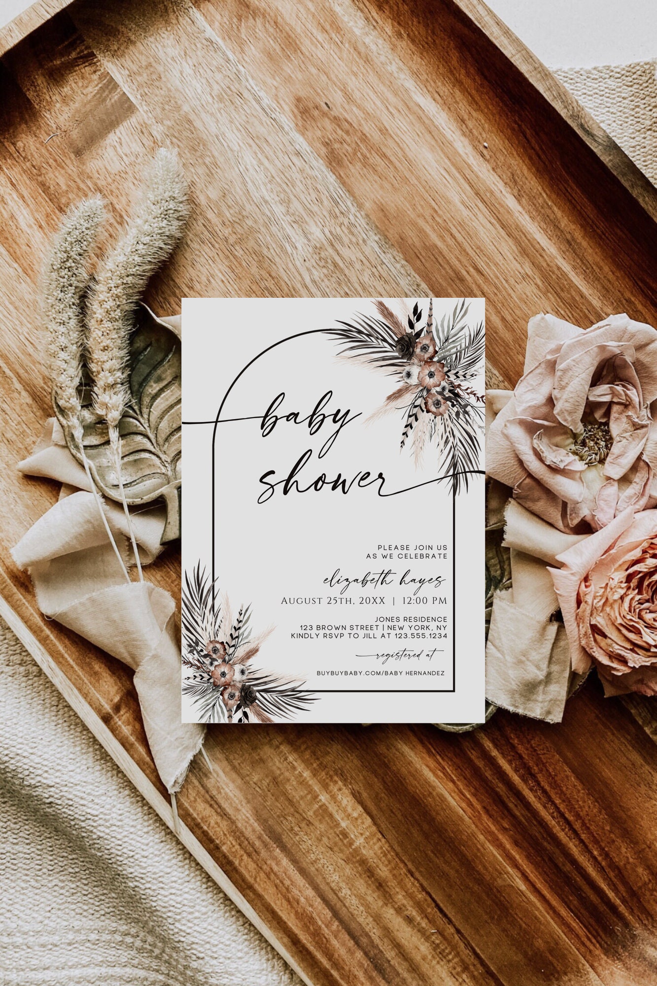 Boho Baby Shower Invitation Template, DIY Editable Pampas Grass Invites ...