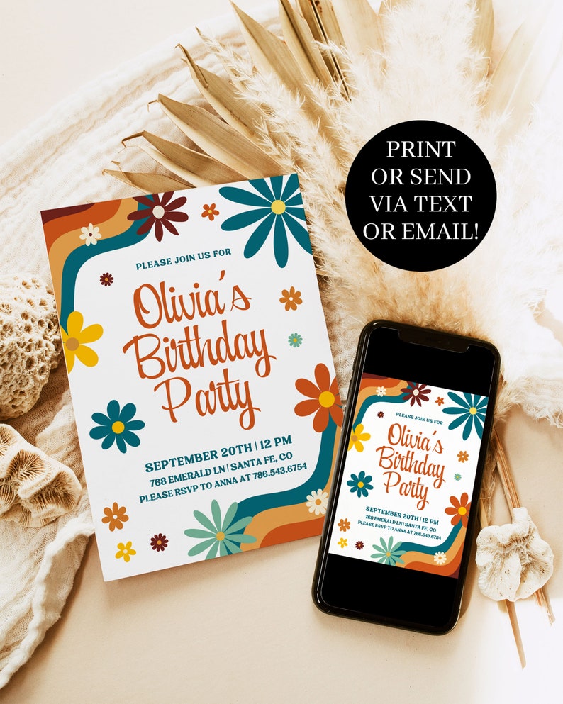 Retro Groovy Birthday Party Invitation Template, DIY Editable Hippie ...