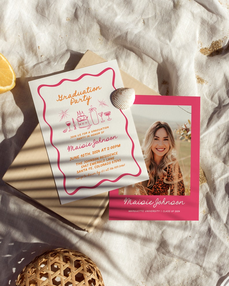 Whimsical Hand Drawn Graduation Party Invite Handwritten Wavy Border ...