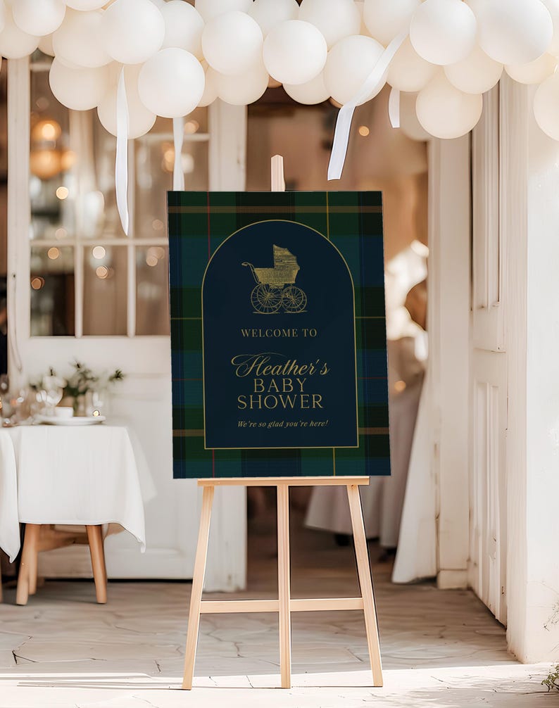 Classic Plaid Baby Shower Welcome Sign, Vintage Baby Carriage Welcome ...