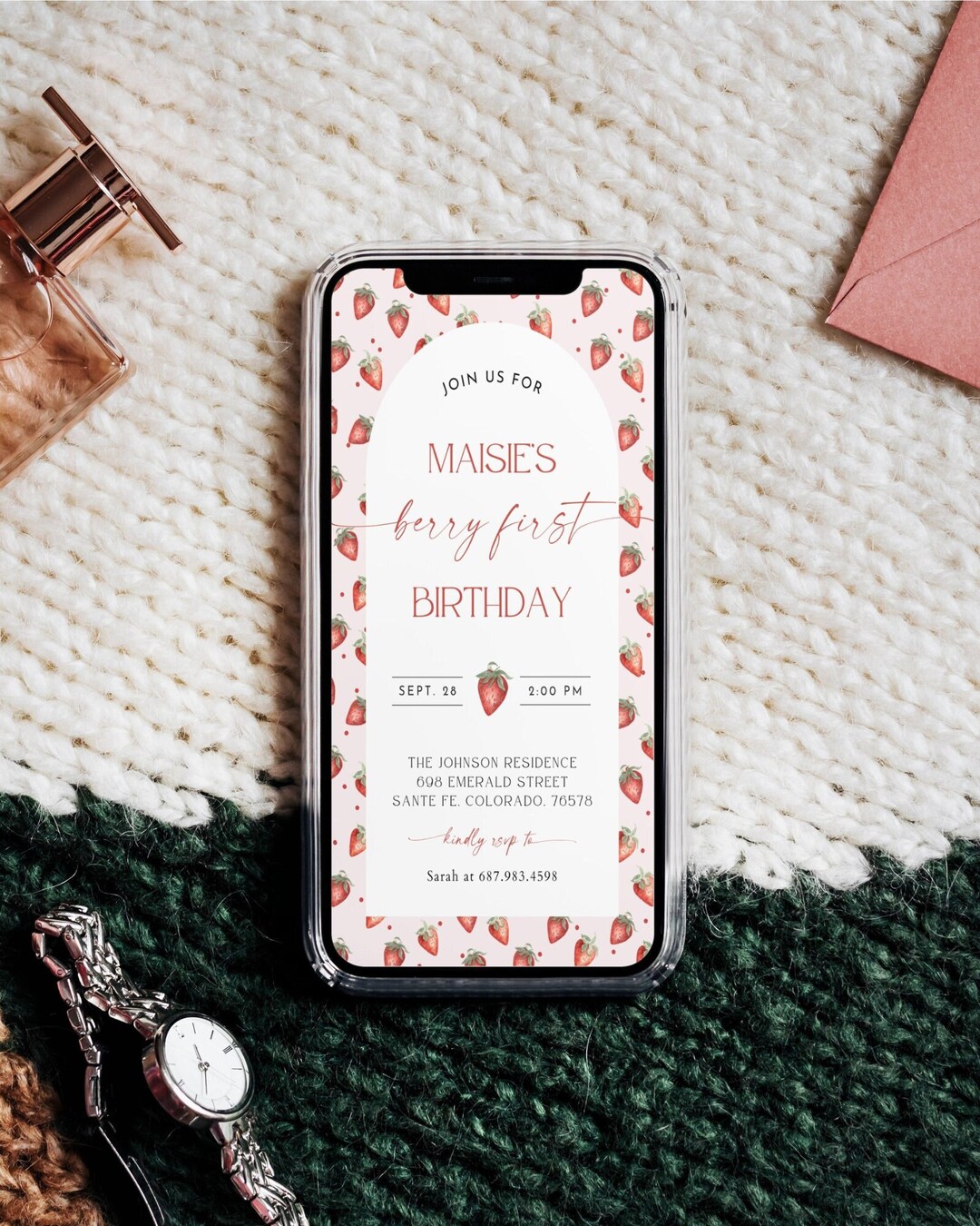 Strawberry 1st Birthday Invitation Template Girl Birthday Party Berry ...